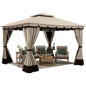 YITAHOME 10x12ft Gazebo for Patios Outdoor Double Roof Canopy Gazebo with Netting & Curtains, Soft Fabric Top Garden Winds Tent with Steel Frame for Lawn, Garden, Backyard and Deck (Khaki)