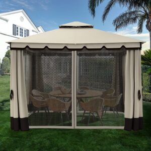 YITAHOME 10x12ft Gazebo for Patios Outdoor Double Roof Canopy Gazebo with Netting & Curtains, Soft Fabric Top Garden Winds Tent with Steel Frame for Lawn, Garden, Backyard and Deck (Khaki)