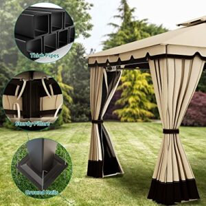 YITAHOME 10x12ft Gazebo for Patios Outdoor Double Roof Canopy Gazebo with Netting & Curtains, Soft Fabric Top Garden Winds Tent with Steel Frame for Lawn, Garden, Backyard and Deck (Khaki)