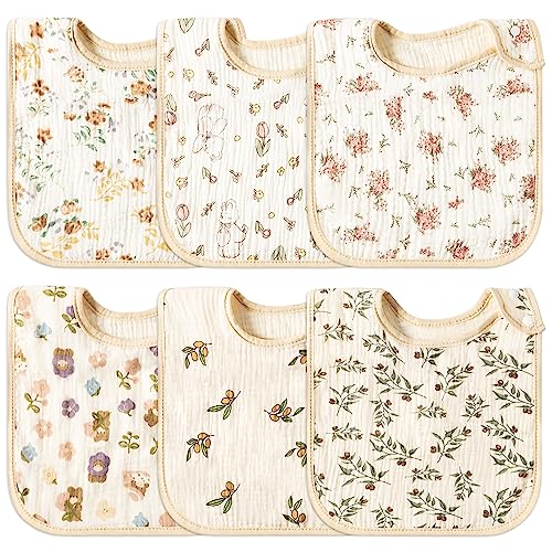 Zainpe 6Pcs Snap Muslin Cotton Baby Bibs Flowers Rabbits Patterns Infants Drooling Bib Soft & Absorbent Adjustable Burp Cloths Feeding Bibs for Newborns Girls Boys Toddlers Teething Eating 0-36 Months