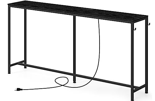 Black Console Table with Outlet Narrow Long Entryway Table Skinny Couch Table Behind Sofa Table with Charging Station and Hooks Modern Hallway Table for Living Room Foyer Corridor