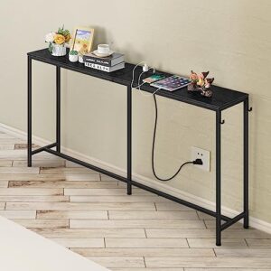 Black Console Table with Outlet Narrow Long Entryway Table Skinny Couch Table Behind Sofa Table with Charging Station and Hooks Modern Hallway Table for Living Room Foyer Corridor