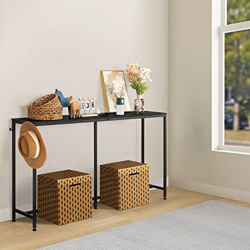 Black Console Table with Outlet Narrow Long Entryway Table Skinny Couch Table Behind Sofa Table with Charging Station and Hooks Modern Hallway Table for Living Room Foyer Corridor