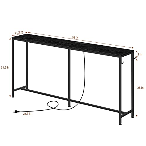 Black Console Table with Outlet Narrow Long Entryway Table Skinny Couch Table Behind Sofa Table with Charging Station and Hooks Modern Hallway Table for Living Room Foyer Corridor