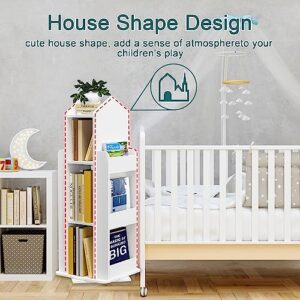 foriy Rotating Bookshelf Kids 3 Tier Bookcase House Children's White Tall Bookcase Floor Standing Storage Rack Corner Unit for Home Office Living Room Playroom Bedroom