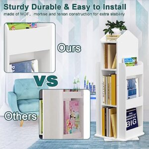 foriy Rotating Bookshelf Kids 3 Tier Bookcase House Children's White Tall Bookcase Floor Standing Storage Rack Corner Unit for Home Office Living Room Playroom Bedroom