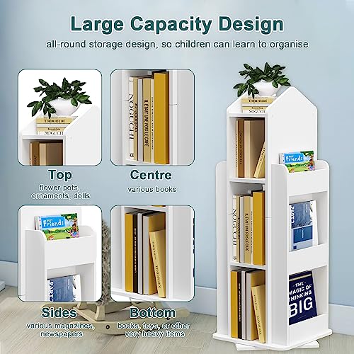 foriy Rotating Bookshelf Kids 3 Tier Bookcase House Children's White Tall Bookcase Floor Standing Storage Rack Corner Unit for Home Office Living Room Playroom Bedroom