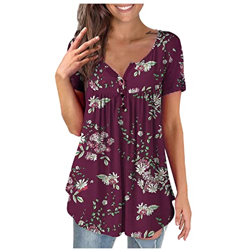 Womens Tunic Tops to Wear with Leggings Casual Relaxed Fitted Short Sleeve Floral Summer Tops for Women T Shirts (XX-Large, WineF)