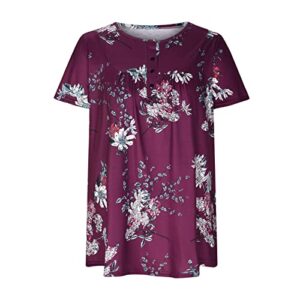 Womens Tunic Tops to Wear with Leggings Casual Relaxed Fitted Short Sleeve Floral Summer Tops for Women T Shirts (XX-Large, WineF)