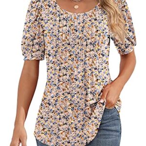 Ficerd Women's Puff Short Sleeve Tunic Tops Pleated Crew Neck Blouses Dressy Casual Loose Spring and Summer T-Shirts (Pink Flower, Medium)