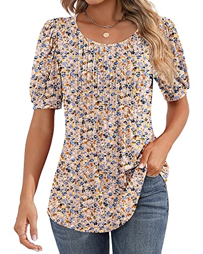 Ficerd Women's Puff Short Sleeve Tunic Tops Pleated Crew Neck Blouses Dressy Casual Loose Spring and Summer T-Shirts (Pink Flower, Medium)