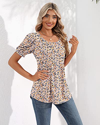 Ficerd Women's Puff Short Sleeve Tunic Tops Pleated Crew Neck Blouses Dressy Casual Loose Spring and Summer T-Shirts (Pink Flower, Medium)