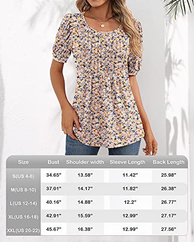 Ficerd Women's Puff Short Sleeve Tunic Tops Pleated Crew Neck Blouses Dressy Casual Loose Spring and Summer T-Shirts (Pink Flower, Medium)