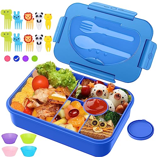 Lunch Box Kids, Bento Box, 1350ML Bento Lunch Box for Kids, Lunch Containers with 5 Compartments Utensils Food Picks Cake Cups, Leak-proof Bento Box Adult Lunch Box for Boys Girls Toddler, Blue