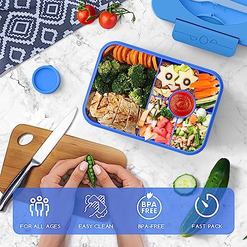 Lunch Box Kids, Bento Box, 1350ML Bento Lunch Box for Kids, Lunch Containers with 5 Compartments Utensils Food Picks Cake Cups, Leak-proof Bento Box Adult Lunch Box for Boys Girls Toddler, Blue