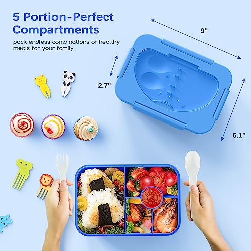 Lunch Box Kids, Bento Box, 1350ML Bento Lunch Box for Kids, Lunch Containers with 5 Compartments Utensils Food Picks Cake Cups, Leak-proof Bento Box Adult Lunch Box for Boys Girls Toddler, Blue