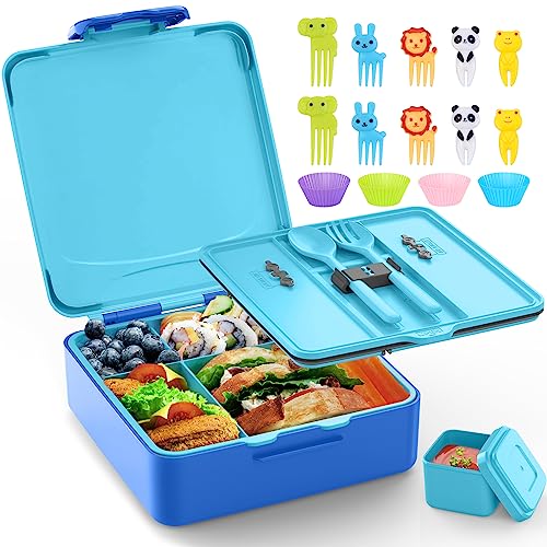 Bento Lunch Box, Lunch Box Kids - 1300ML Insulated Lunch Box with 4 Compartments Bento Box Adult Lunch Box, Leak Proof Lunch Box Containers with Utensils& Food Picks& Cake Cups &Dip Container (Blue)