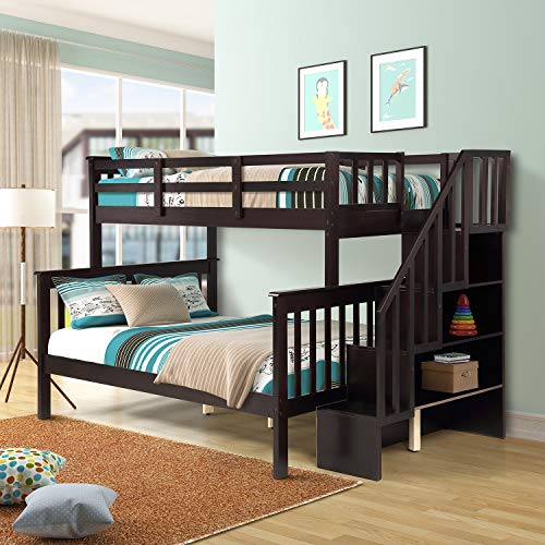 BIADNBZ Stairway Twin Over Full Bunk Bed with Storage Staircase and Full-Length Guardrails, Solid Wood Bunkbeds BedFrame for Kids Teens Adults Bedroom, Espresso