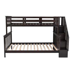 BIADNBZ Stairway Twin Over Full Bunk Bed with Storage Staircase and Full-Length Guardrails, Solid Wood Bunkbeds BedFrame for Kids Teens Adults Bedroom, Espresso