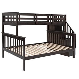 BIADNBZ Stairway Twin Over Full Bunk Bed with Storage Staircase and Full-Length Guardrails, Solid Wood Bunkbeds BedFrame for Kids Teens Adults Bedroom, Espresso