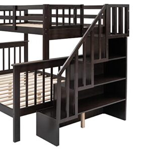 BIADNBZ Stairway Twin Over Full Bunk Bed with Storage Staircase and Full-Length Guardrails, Solid Wood Bunkbeds BedFrame for Kids Teens Adults Bedroom, Espresso