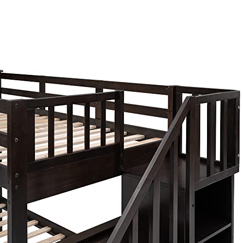 BIADNBZ Stairway Twin Over Full Bunk Bed with Storage Staircase and Full-Length Guardrails, Solid Wood Bunkbeds BedFrame for Kids Teens Adults Bedroom, Espresso