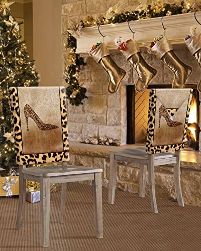 Dining Room Chair Covers Set of 8PCS,Leopard High Heels Animal Skin Print Chair Back Cover Chair Protector Slipcovers,Vintage Flower Leaves Removable Washable Chair Cover for Kitchen,Hotel,Party