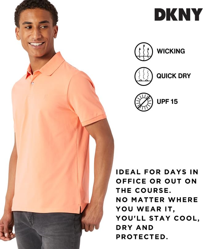 DKNY Men’s Polo Shirt – Cotton Mens Short Sleeve Polo Shirts | No Curl Collar Quick Dry Regular Fit Moisture-Wicking Golf Shirt for Men (Sizes: S-2XL) Coral