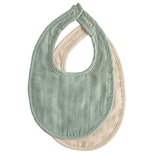 mushie Muslin Baby Bib | Soft Cotton for Infant Drips, Drools & Feedings | Adjustable Fit | 2 Pack (Roman Green/Fog)