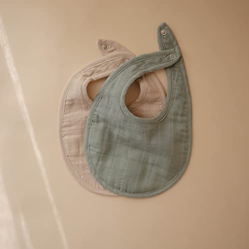 mushie Muslin Baby Bib | Soft Cotton for Infant Drips, Drools & Feedings | Adjustable Fit | 2 Pack (Roman Green/Fog)