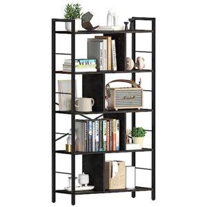 yoobure 5 tier tall book shelf, industrial bookshelf storage bookcase, open wood book case, rustic 5 shelf display shelf for living room, modern standing book shelf for bedroom, home office, kitchen