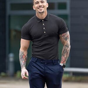 Muscle Polo Shirts for Men Short Sleeve Slim Fit Golf Shirts for Men Casual Dry Fit T Shirts Ribbed Knit Bowling Shirts Black Large