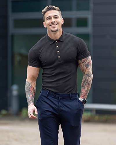 Muscle Polo Shirts for Men Short Sleeve Slim Fit Golf Shirts for Men Casual Dry Fit T Shirts Ribbed Knit Bowling Shirts Black Large