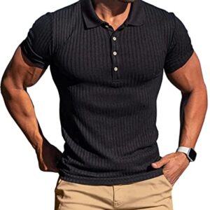 Muscle Polo Shirts for Men Short Sleeve Slim Fit Golf Shirts for Men Casual Dry Fit T Shirts Ribbed Knit Bowling Shirts Black Large