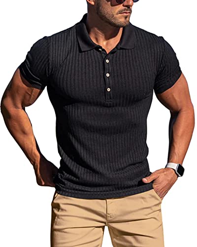 Muscle Polo Shirts for Men Short Sleeve Slim Fit Golf Shirts for Men Casual Dry Fit T Shirts Ribbed Knit Bowling Shirts Black Large