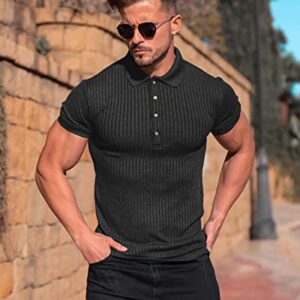 Muscle Polo Shirts for Men Short Sleeve Slim Fit Golf Shirts for Men Casual Dry Fit T Shirts Ribbed Knit Bowling Shirts Black Large