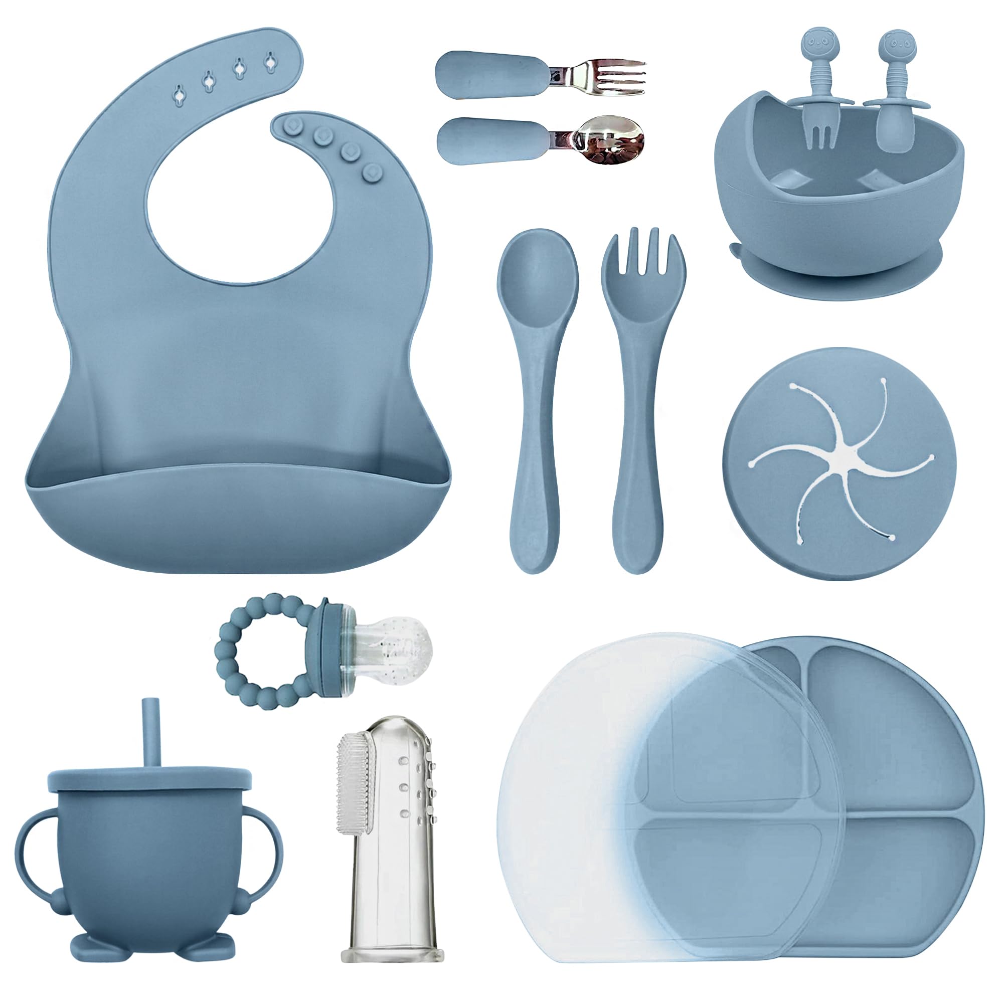 Silicone Baby Feeding Set 14 Pcs -Baby Lid Weaning Supplies include Divided Plate with Lid, Cup, Adjustable Bib, Toddler Spoons and Forks, Perfect for Self-Feeding with Fruit Feeder (BLUE)