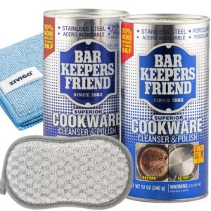 bar keepers, friends cookware cleanser & polish - 12oz (2 pack) - bundled with 1 microfiber towel and 1 dual-sided scrubbing sponge