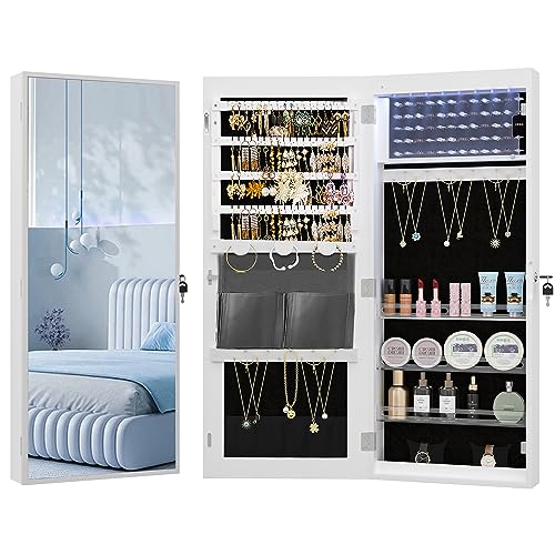 Hzuaneri 8 LEDs Mirror Jewelry Cabinet, 35.4-inch Jewelry Armoire Organizer, Wall/Door Mount Lockable Storage Cabinet with 4 Earrings Shelves, 2 Makeup Pockets, White and Black JC9003B