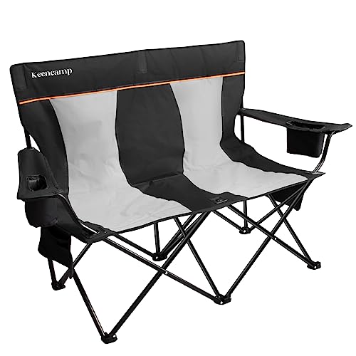 BAYIEIUI Double Camping Chair Portable 2 Person Folding Camp Chair with Storage Cup Holders Supports 440 lbs for Adults Outdoor Black & Grey