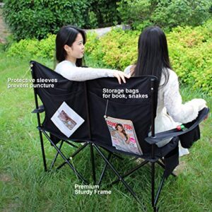 BAYIEIUI Double Camping Chair Portable 2 Person Folding Camp Chair with Storage Cup Holders Supports 440 lbs for Adults Outdoor Black & Grey