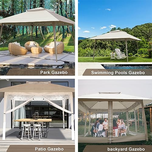 JKING 13'x13' Pop Up Gazebo with Mosquito Netting,Outdoor Gazebo Canopy Tent for Backyard Patio Deck Porch Garden Parties and Events with Roller Bag,4 Sand Bags,8 Stakes & 4 Ropes,Beige