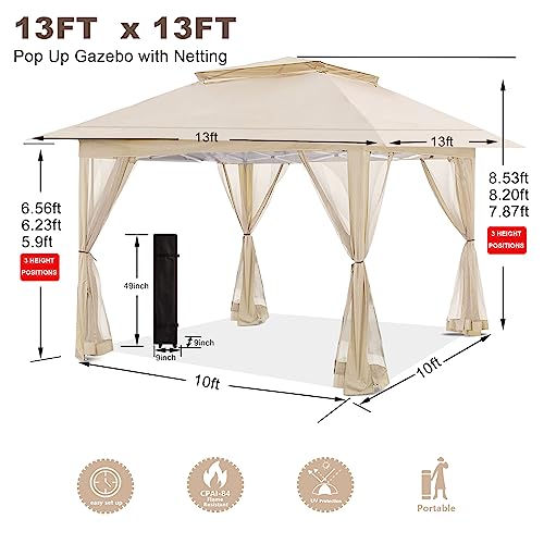 JKING 13'x13' Pop Up Gazebo with Mosquito Netting,Outdoor Gazebo Canopy Tent for Backyard Patio Deck Porch Garden Parties and Events with Roller Bag,4 Sand Bags,8 Stakes & 4 Ropes,Beige