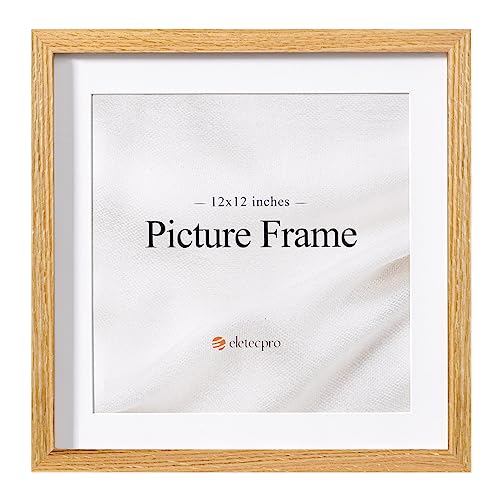 eletecpro 12x12 Picture Frame Made of Oak Wood and Reinforced Glass, Displays Photos 10x10 with Mat or 12x12 without Mat, Square Wood Frame for Modern Home Decor, Wall Mounting, Natural