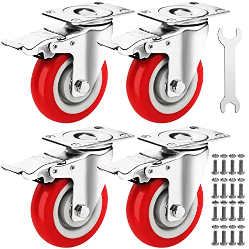 Castrek 4 Inch Heavy Duty Casters Set of 4, Lockable Plate Caster Wheels with Brakes Scratch Resistant & 360 Degree Rotatable, 2200 lbs Load Capacity - Ideal for Furniture on Any Floor (4 x Brakes)