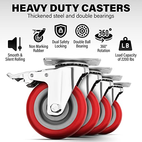 Castrek 4 Inch Heavy Duty Casters Set of 4, Lockable Plate Caster Wheels with Brakes Scratch Resistant & 360 Degree Rotatable, 2200 lbs Load Capacity - Ideal for Furniture on Any Floor (4 x Brakes)