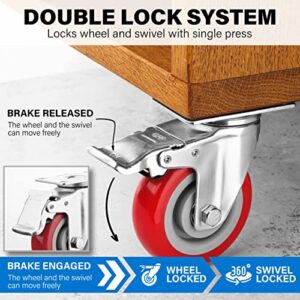 Castrek 4 Inch Heavy Duty Casters Set of 4, Lockable Plate Caster Wheels with Brakes Scratch Resistant & 360 Degree Rotatable, 2200 lbs Load Capacity - Ideal for Furniture on Any Floor (4 x Brakes)