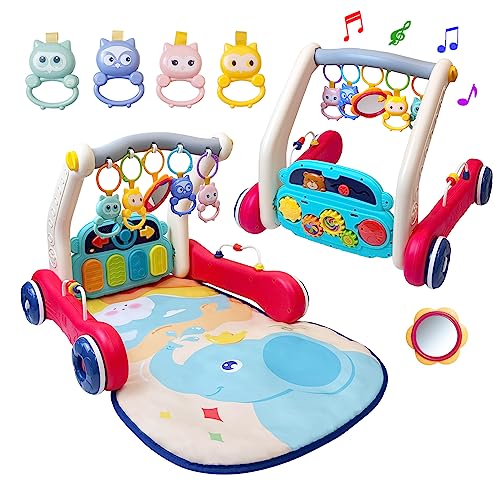 Baby Gym Play Mat & Baby Walker, Baby Activity Center with Music and Light, Tummy Time Mat, Push Toys for Toddler, Detachable Play Piano and Rattles for Newborn Babies Infants Boys Girls