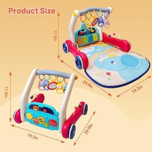 Baby Gym Play Mat & Baby Walker, Baby Activity Center with Music and Light, Tummy Time Mat, Push Toys for Toddler, Detachable Play Piano and Rattles for Newborn Babies Infants Boys Girls