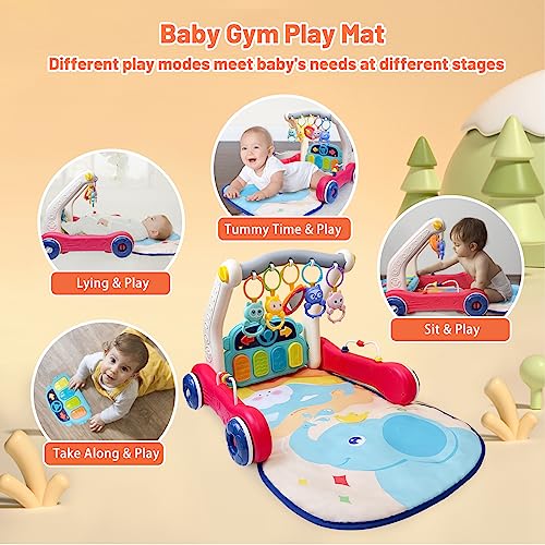 Baby Gym Play Mat & Baby Walker, Baby Activity Center with Music and Light, Tummy Time Mat, Push Toys for Toddler, Detachable Play Piano and Rattles for Newborn Babies Infants Boys Girls